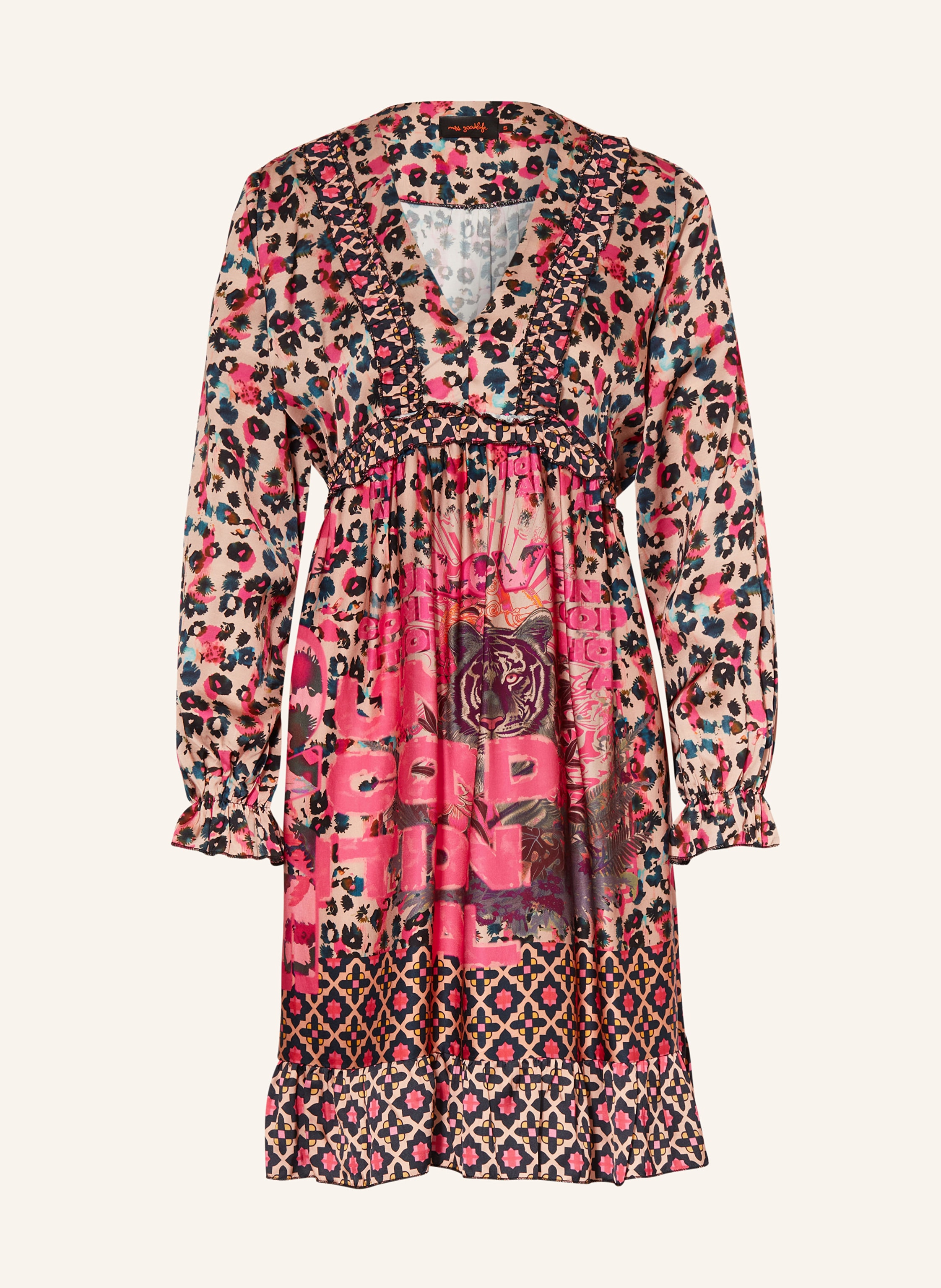 miss goodlife Satinkleid mit Rüschen in pink / schwarz / beige