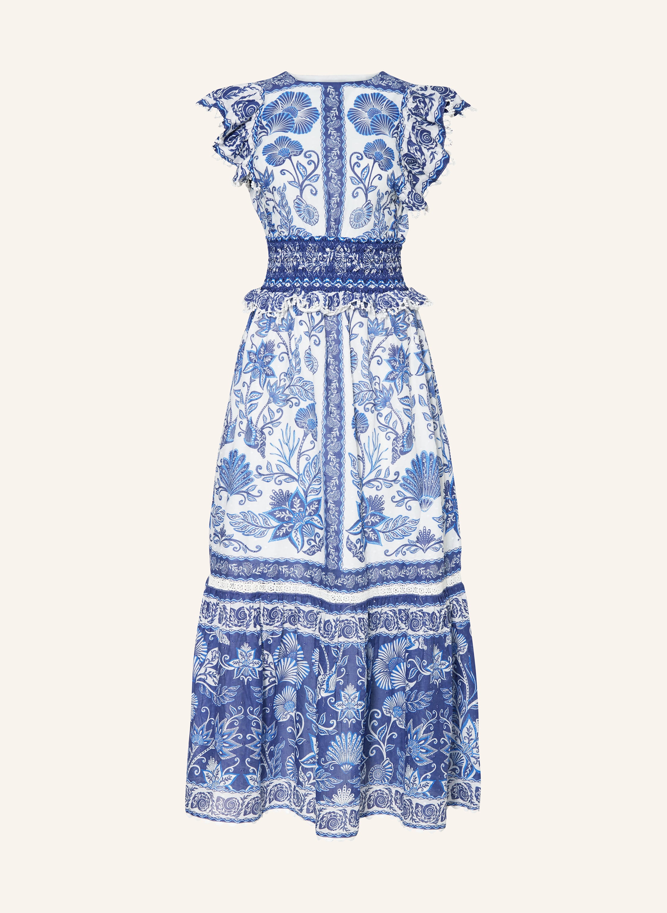 FARM RIO SHELL GARDEN dress with frills in white/ blue/ dark blue