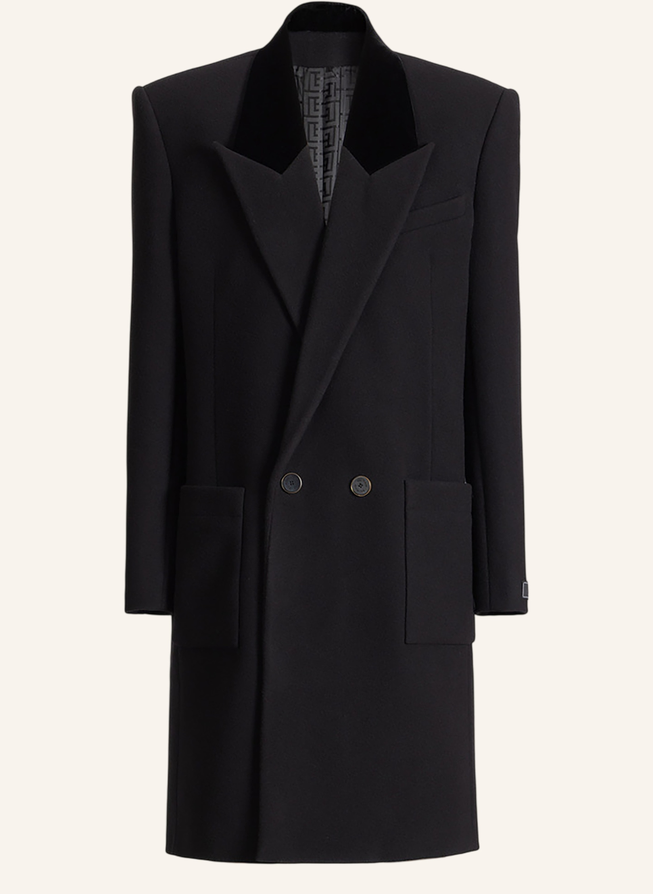BALMAIN Langer Mantel aus Wolle und Samt in schwarz