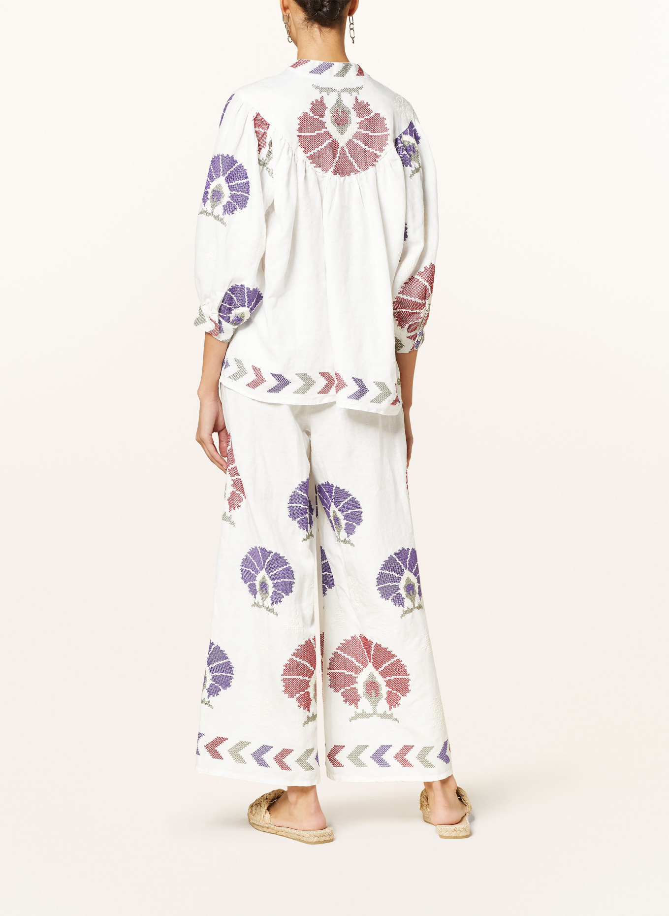 Greek Archaic Kori Shirt blouse MINI PEACOCKS in linen with 3/4 sleeves ...