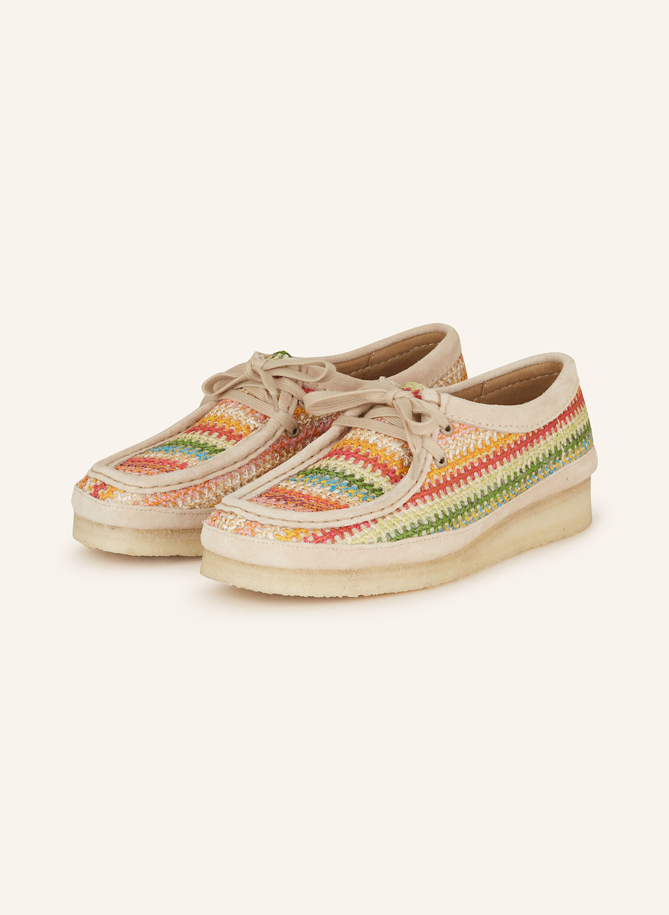 Clarks ORIGINALS WALLABEE moccasins in cream/ orange/ green