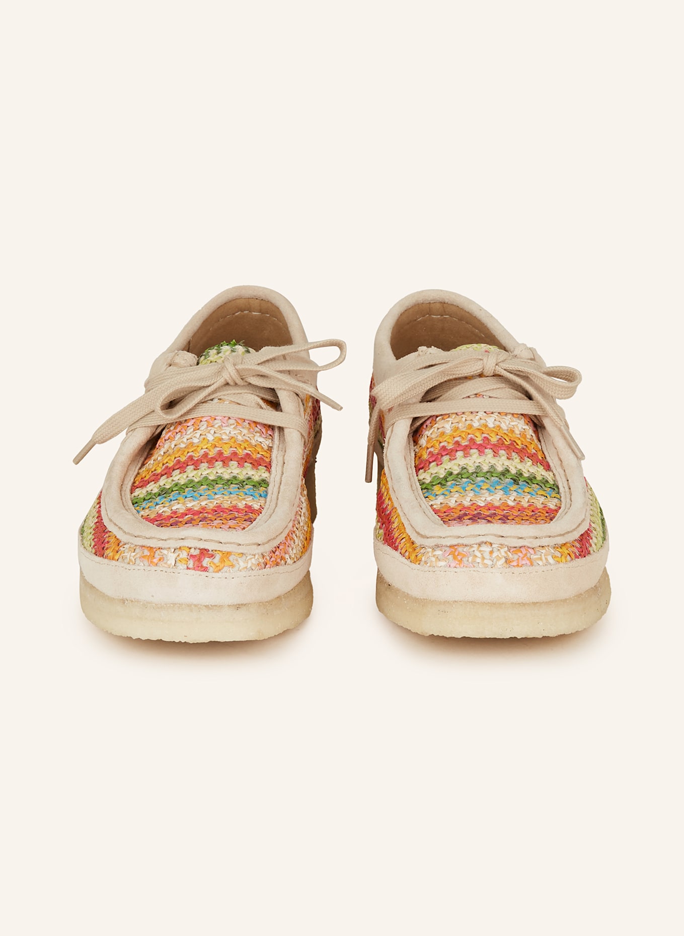 Clarks ORIGINALS WALLABEE moccasins in cream/ orange/ green