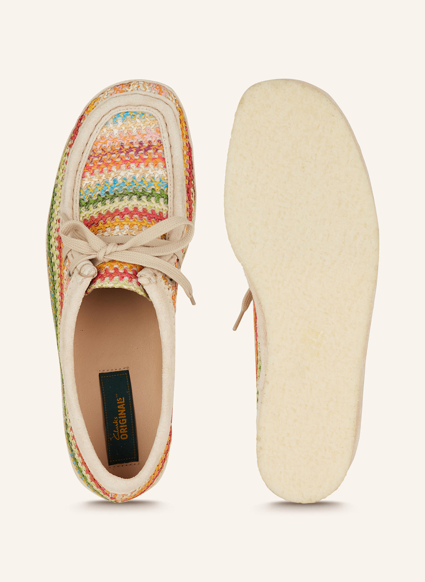 Clarks ORIGINALS WALLABEE moccasins in cream/ orange/ green