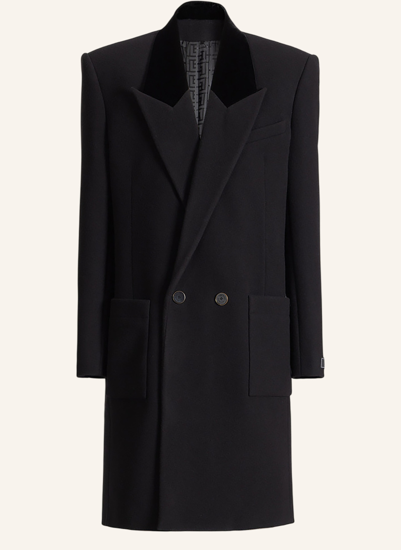 BALMAIN Langer Mantel aus Wolle und Samt in schwarz