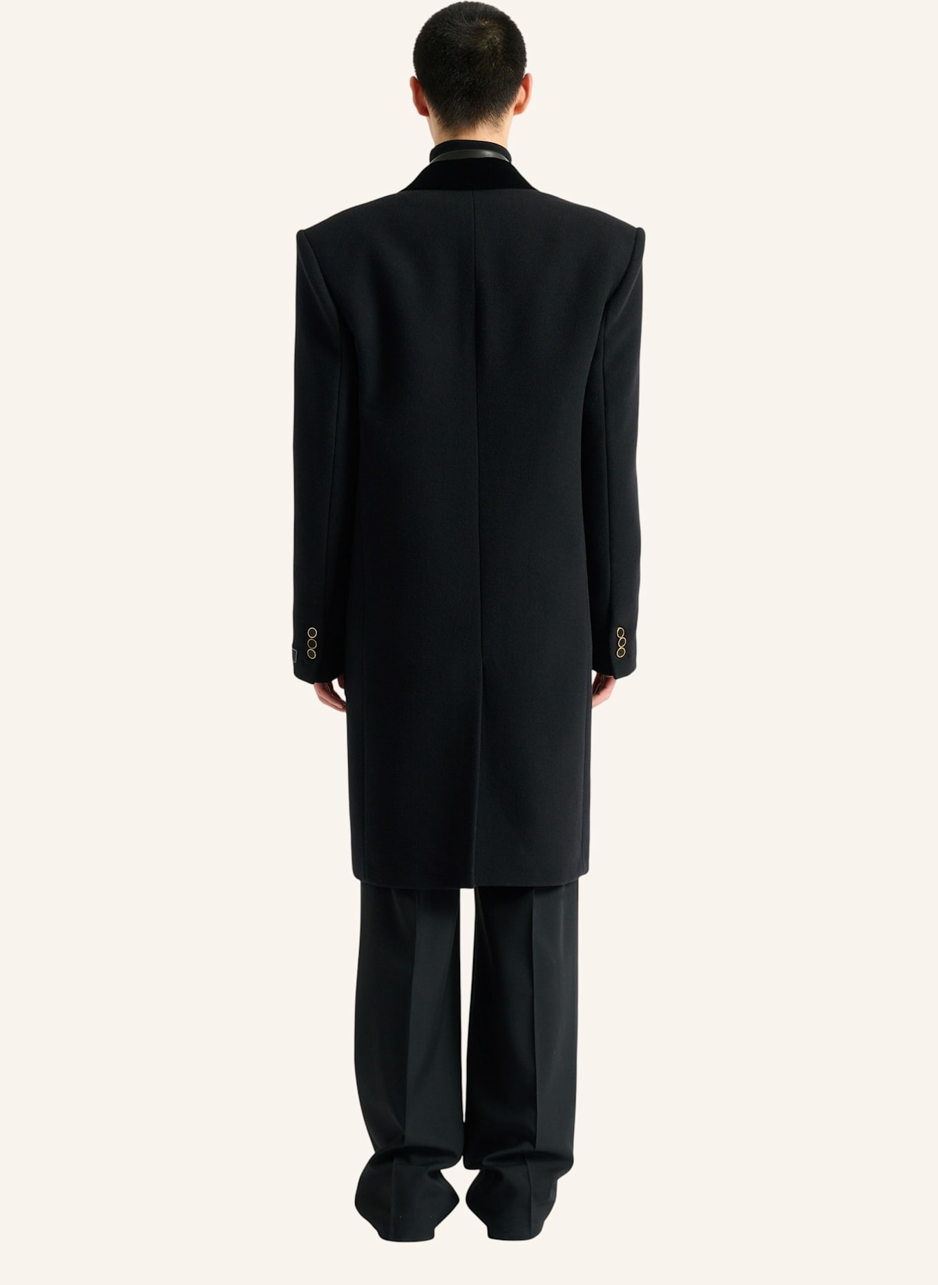 BALMAIN Langer Mantel aus Wolle und Samt in schwarz